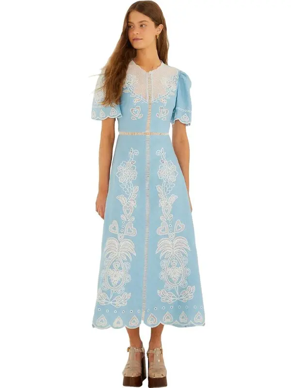 Farm Rio Embroidered Euroflax™ Linen Midi Dress - Blue