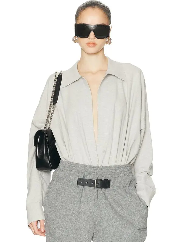 Norma Kamali Super Oversized Boyfriend Shirt Bodysuit - Light Heather Grey