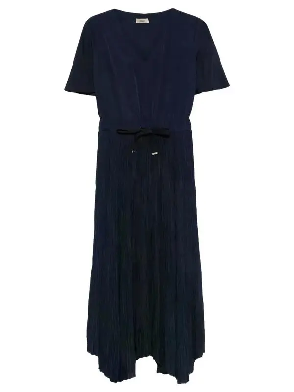 Herno Pleated V-neck Midi Dress - Blue