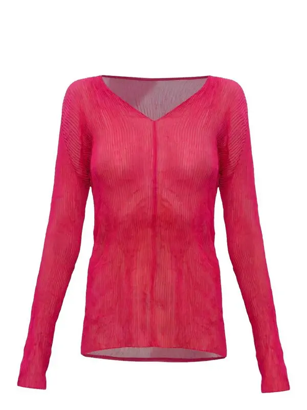 Issey Miyake Pleated V-neck Top - Pink