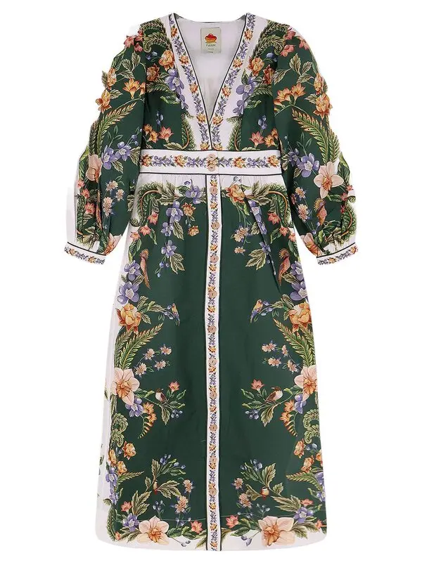 Farm Rio Long Cotton Floral Print Dress - Green