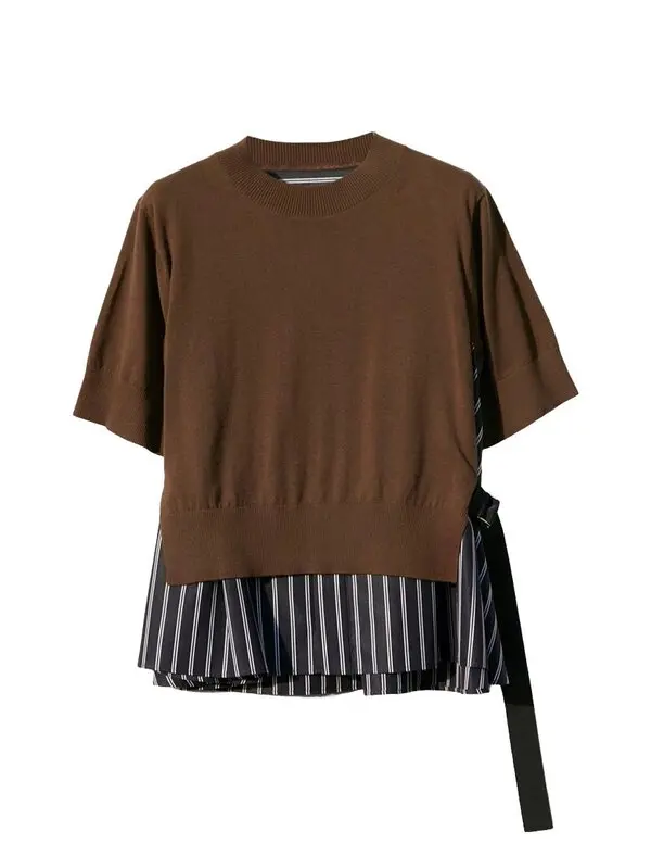 Sacai Poplin And Cotton Knit Pullover - Brown
