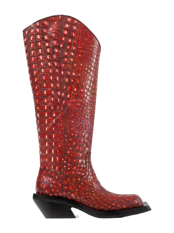 Camper Embossed Square Toe Boots - Red