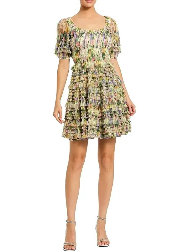 Mac Duggal Floral Mesh Mini Dress With Puff Sleeves - Yellow Multi