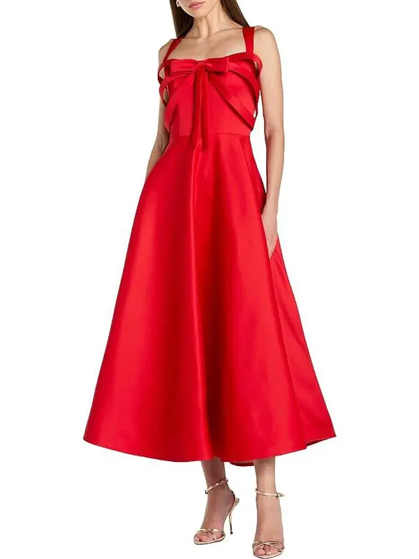 Mac Duggal Satin Sleeveless A-line Ankle Dress With Bow Detail - Red