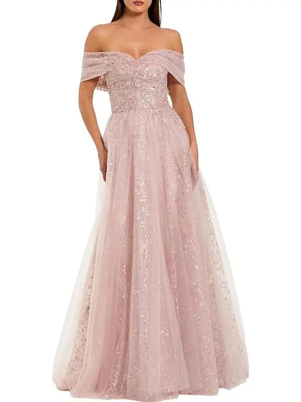 Mac Duggal Embroidered Tulle Off-the-shoulder Ballgown - Dusty Rose