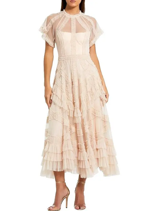 Mac Duggal Flutter Sleeve Mesh Midi Dress With Ruffles - Blush