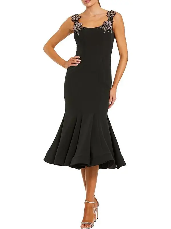 Mac Duggal Sleeveless Floral Embellished Midi Dress - Black