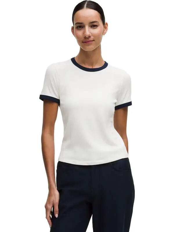 Lululemon Micro-rib Straight-hem T-shirt - Coconut Ivory/true Navy