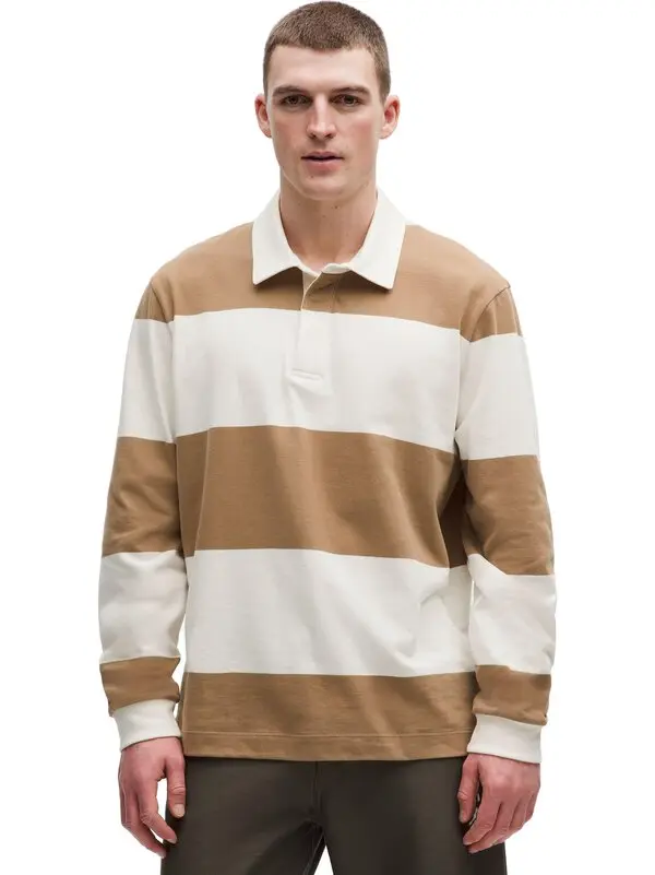 Lululemon Long-sleeve Cotton Rugby Shirt - Wide Stripe Camel Brown Coconut Ivory