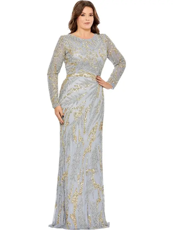 Mac Duggal Long Sleeve Embellished Gown - Platinum Gold