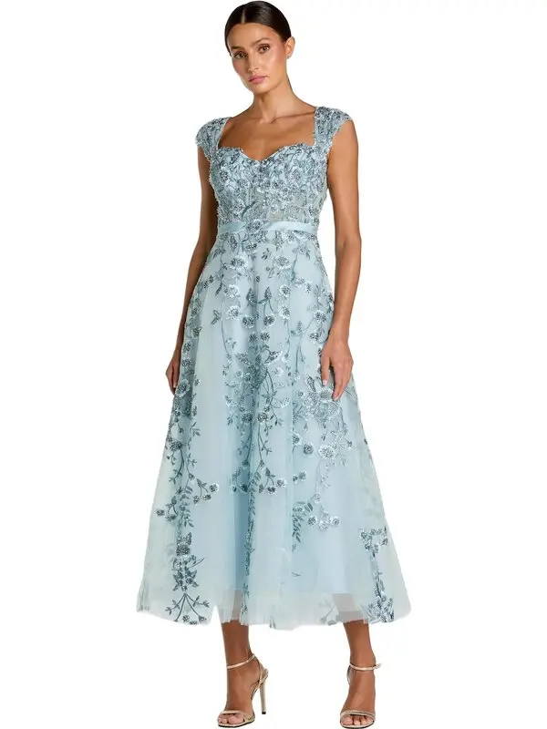 Mac Duggal Floral Embroidered Sweetheart Neckline Midi Dress - Blue