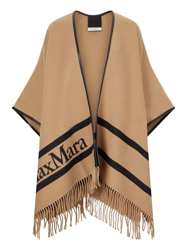 Max Mara Fringed Leather-trimmed Wool-jacquard Cape - Brown