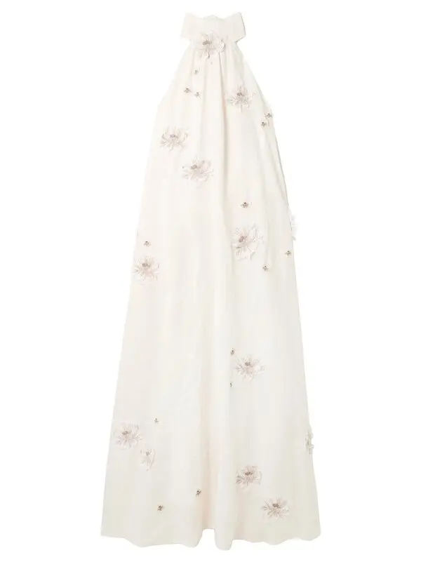 Agua Bendita Lima Embellished Appliquéd Linen Halterneck Maxi Dress - Neutrals