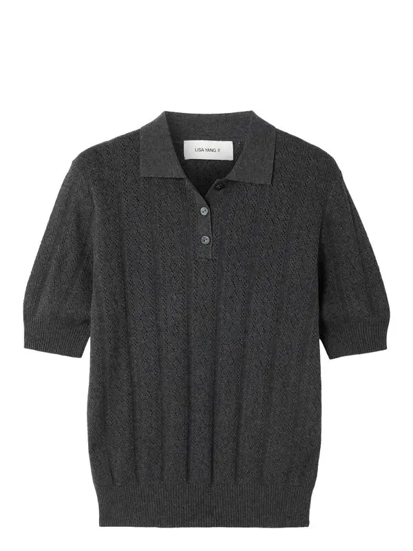 LISA YANG Cristine Pointelle-knit Cotton And Cashmere-blend Polo Shirt - Gray