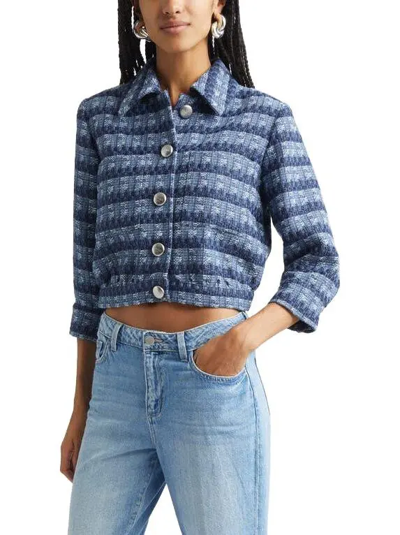 L'Agence Jia Crop Tweed Jacket - Blue Multi Stripe Tweed