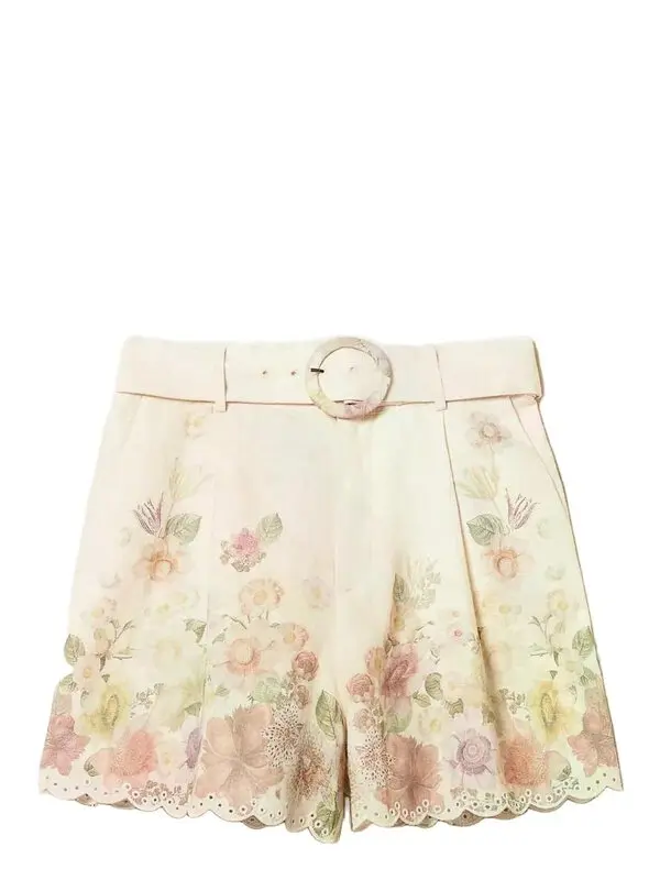TWINSET Linen Floral Print Shorts With Buckled Belt - Neutrals