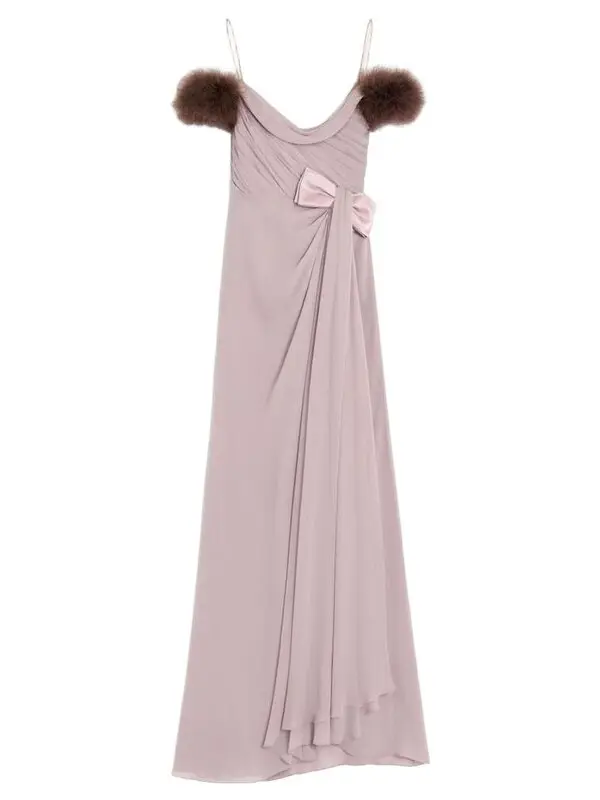 Valentino Garavani Georgette Long Dress With Feathers - Lilac
