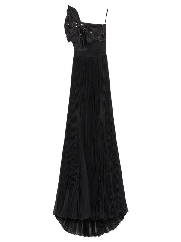 Valentino Garavani Long Dress In Embroidered Light Georgette With Rhinestones - Black/silver