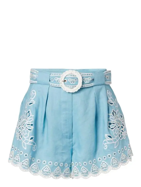 Farm Rio Embroidered Belted Linen Shorts - Blue