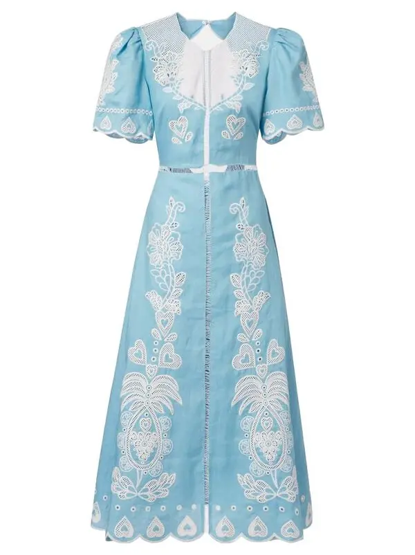 Farm Rio Embroidered Open-back Linen Midi Dress - Blue