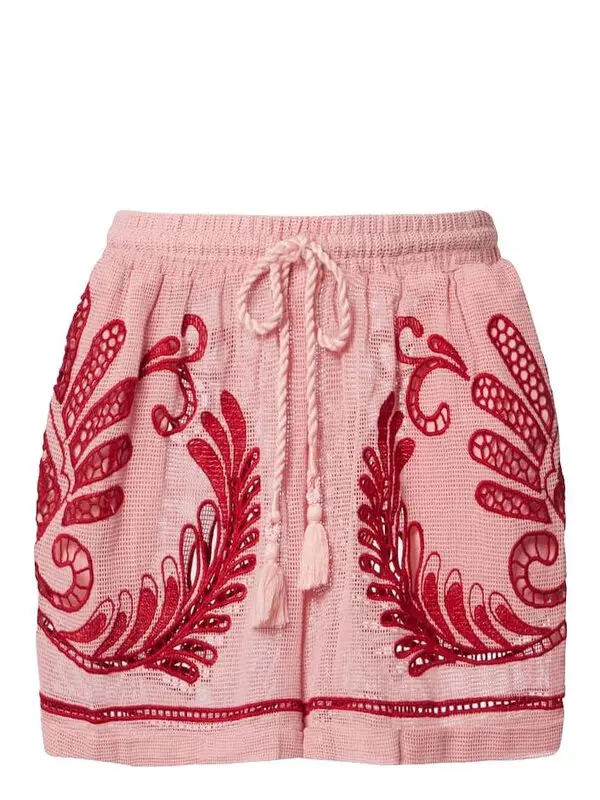 Farm Rio Embroidered Cotton Mesh Shorts - Pink
