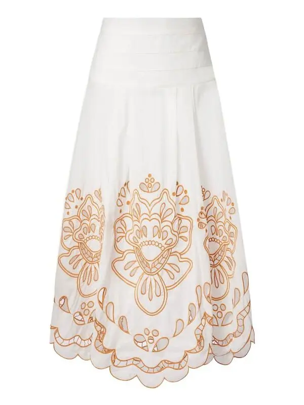 Farm Rio Embroidered Cotton Midi Skirt - White