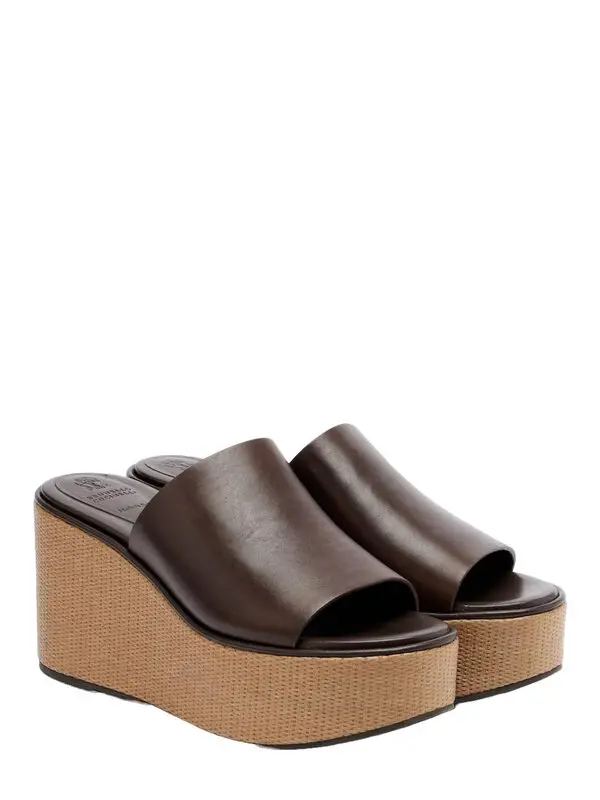 Brunello Cucinelli Leather Wedge Sandals - Brown