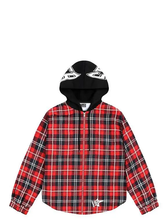 SP5DER Hooded Zip Flannel Shirt Jacket - Red Plaid