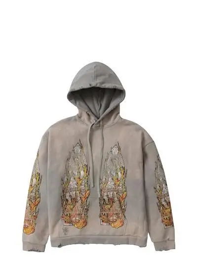 WHO DECIDES WAR BY EV BRAVADO Faded Flame Glass Hooded Pullover - Grey
