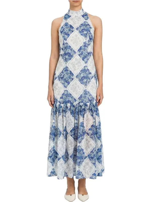 TWINSET Floral Diamond Raffia Dress - Blue