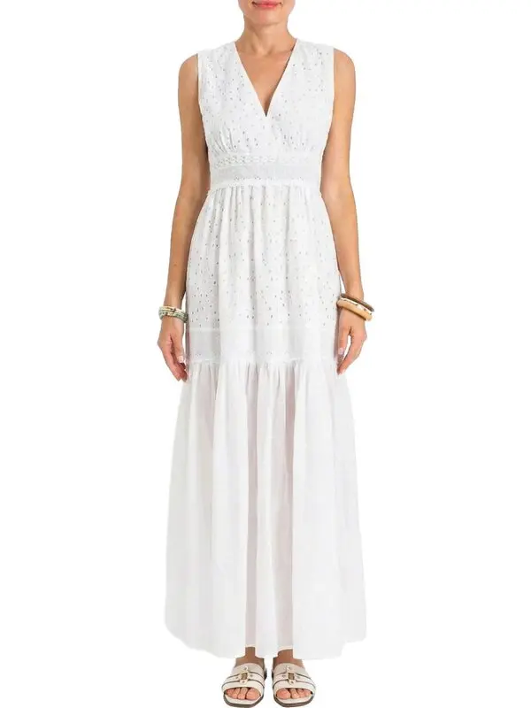 TWINSET Broderie Anglaise V-neck Sleeveless Maxi Dress - White