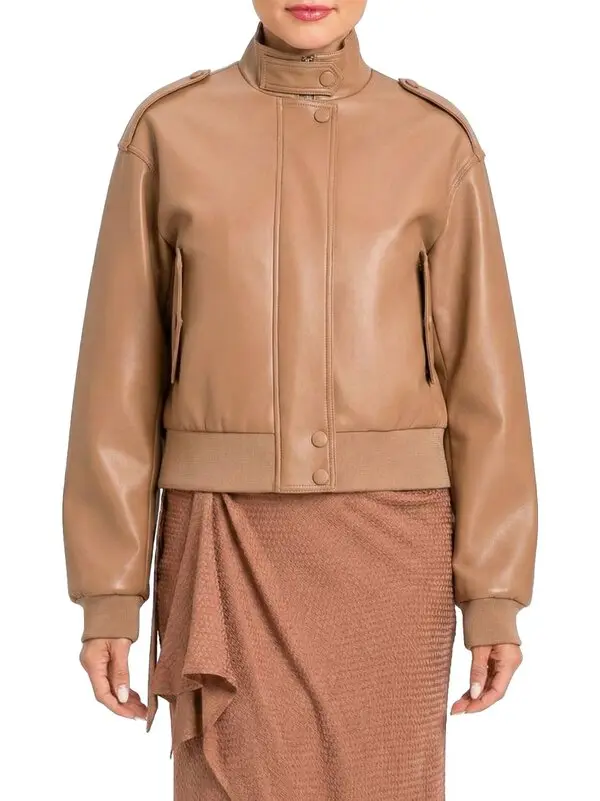TWINSET Faux Leather Bomber Jacket - Camel