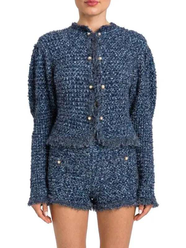 TWINSET Bouclé Cotton Jacket With Fringe Detailing - Blue