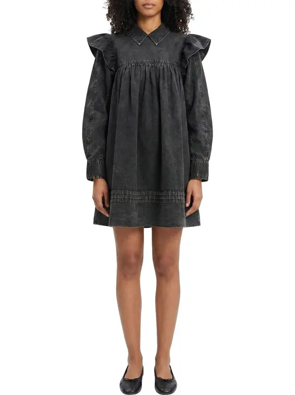 GANNI Organic Cotton Denim Flared Shirtdress - Black