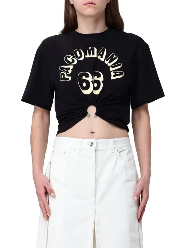 Rabanne Cropped Slogan Print T-shirt With Metal Ring Detail - Black