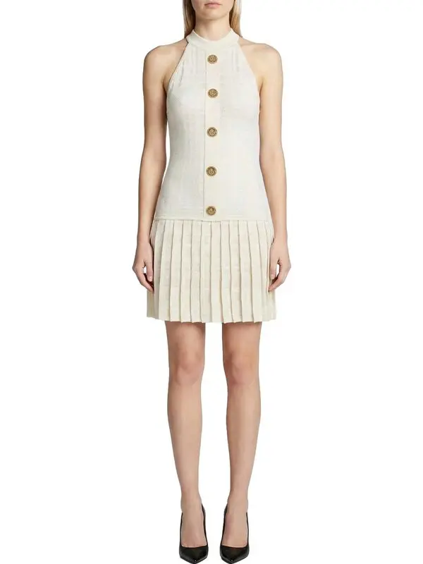 Balmain Halterneck Pleated Dress - White