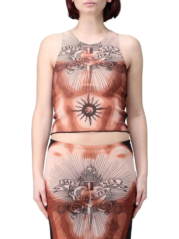 JEAN PAUL GAULTIER The Safe Sex Tattoo Reedition" Printed Tulle Top - Nude