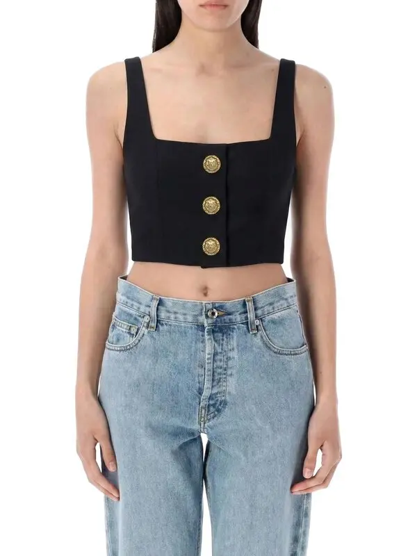Balmain Cropped Top With Embellished Buttons - Black