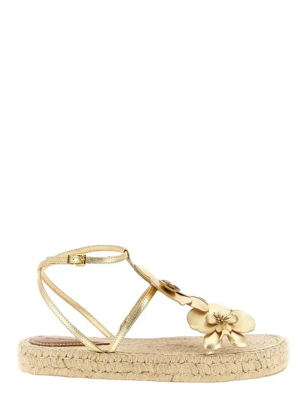 Zimmermann Orchid Laminated Leather Wedge Sandal With Floral Applications - Gold