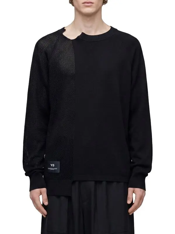Y3 Crew Neck Pullover With Distressed Mesh And Asymmetrical Hem - Black