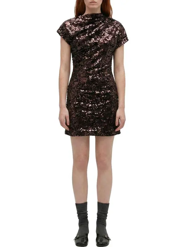 GANNI Sequin Sheath Mini Dress - Brown