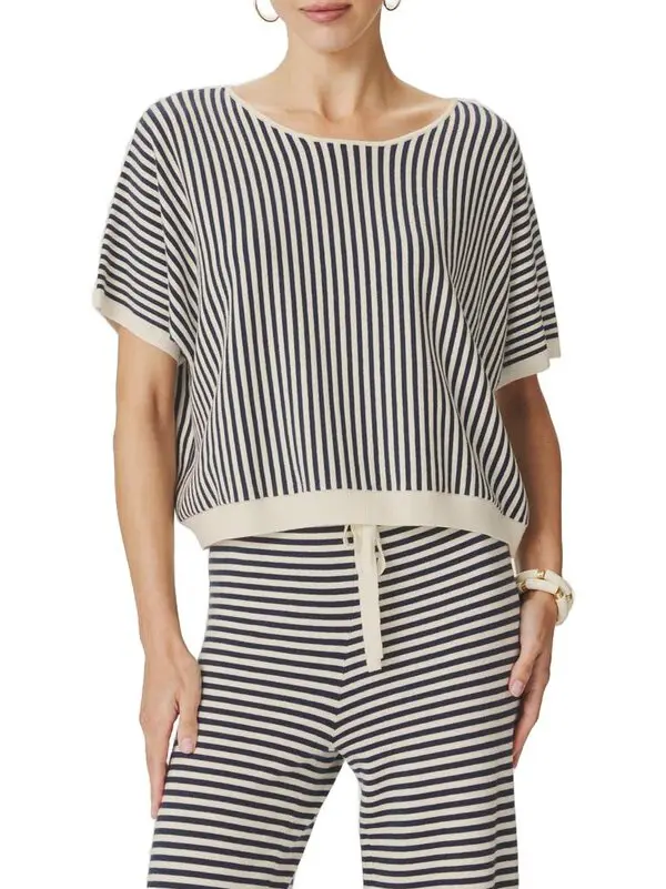 Splendid Christa Stripe Short Sleeve Sweater - Mood Indigo Blue/white
