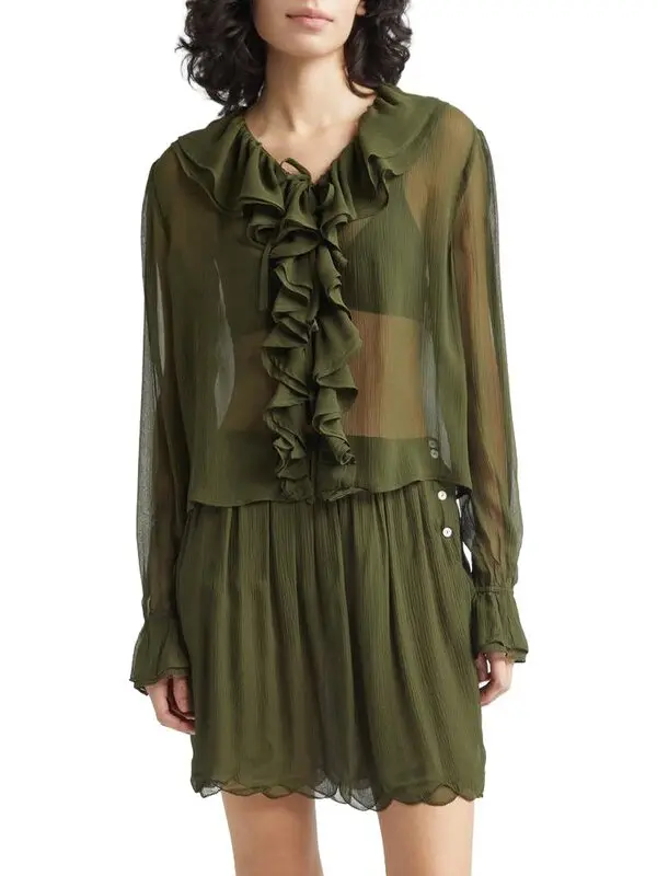 BODE Flounce Ruffle Silk Top - Olive