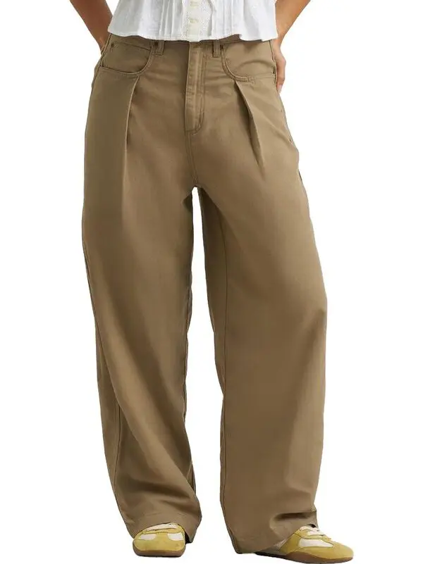 LEEM Pleated Wide Leg Twill Pants - City Limits Khaki