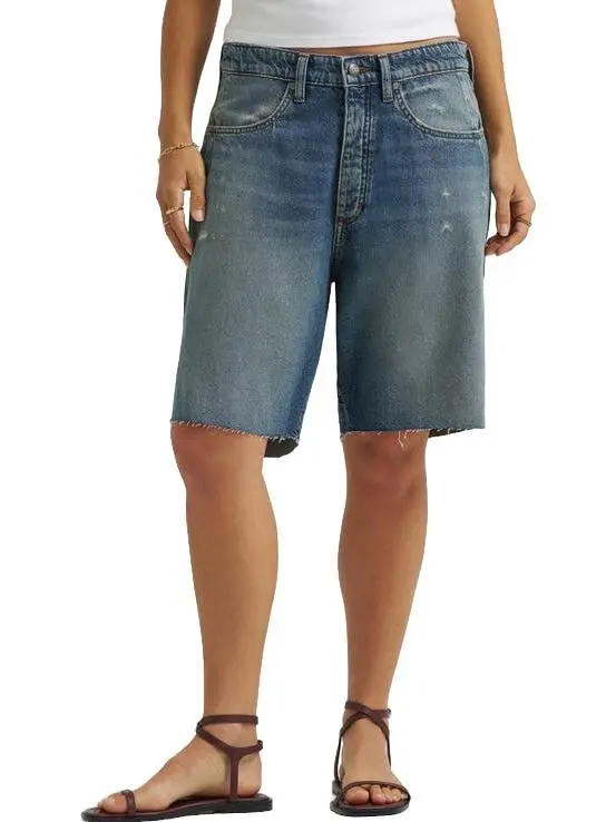 LEEM Darted Slouch Distressed Denim Bermuda Shorts - Heavy Rainfall