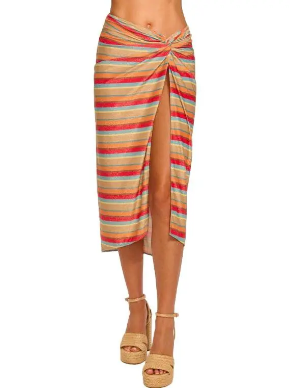 Ramy Brook Metallic Stripe Tie Waist Cover-up Skirt - Flame Glitter Stripe