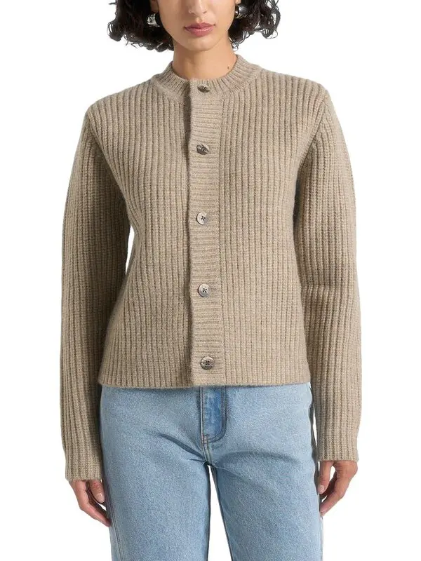 Manière De Voir Alix Crewneck Ribbed Knit Cardigan - Beige