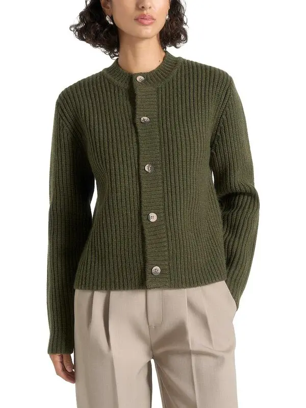 Manière De Voir Alix Crewneck Ribbed Knit Cardigan - Deep Olive