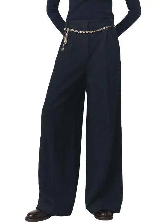 Maje Bouclé Tweed Wide-leg Trousers - Navy